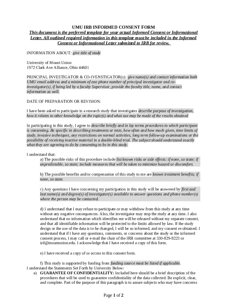 Umu Irb Ined Consent Doc Template | pdfFiller