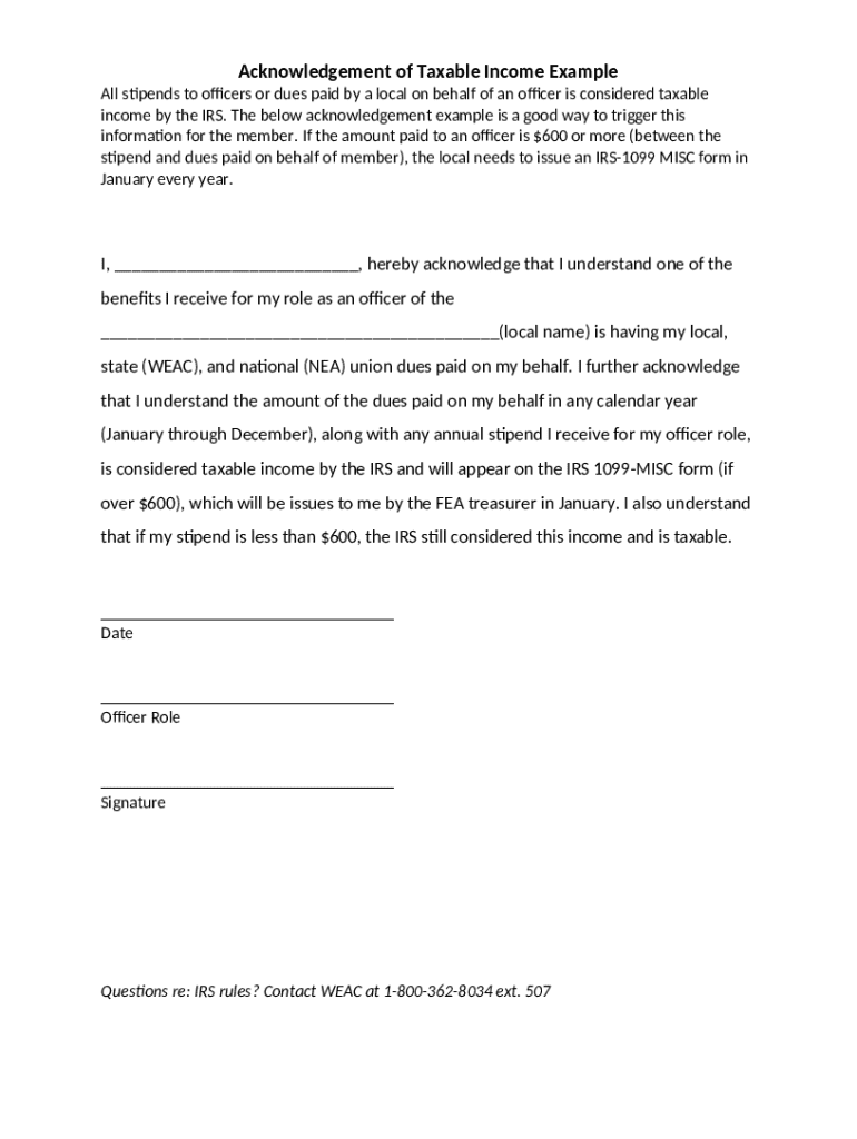 Acknowledgement of Taxable Income Example Doc Template | pdfFiller