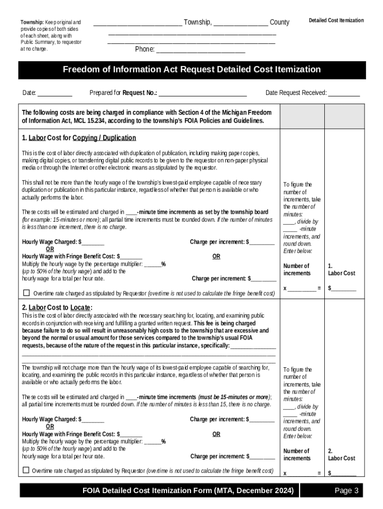 Freedom of Ination Act Request Itemized Cost Worksheet Doc Template | pdfFiller