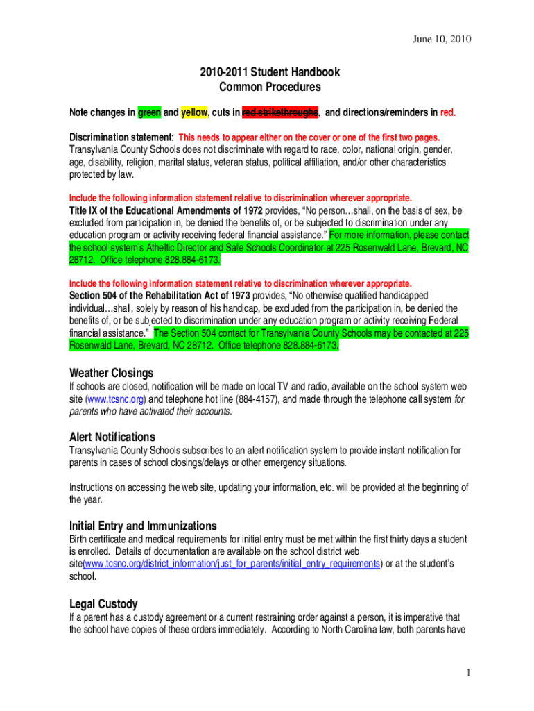 Fillable Online 2010-2011 Student Handbook - Common Procedures Fax ...