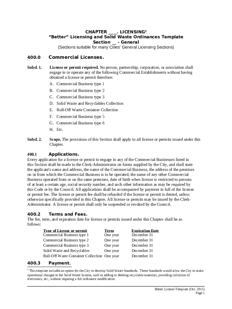 "Better" Licensing and Solid Waste Ordinances Template Doc Template | pdfFiller