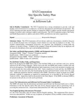 Fillable Online Xyz Corporation Site Specific Safety Plan at Jefferson ...