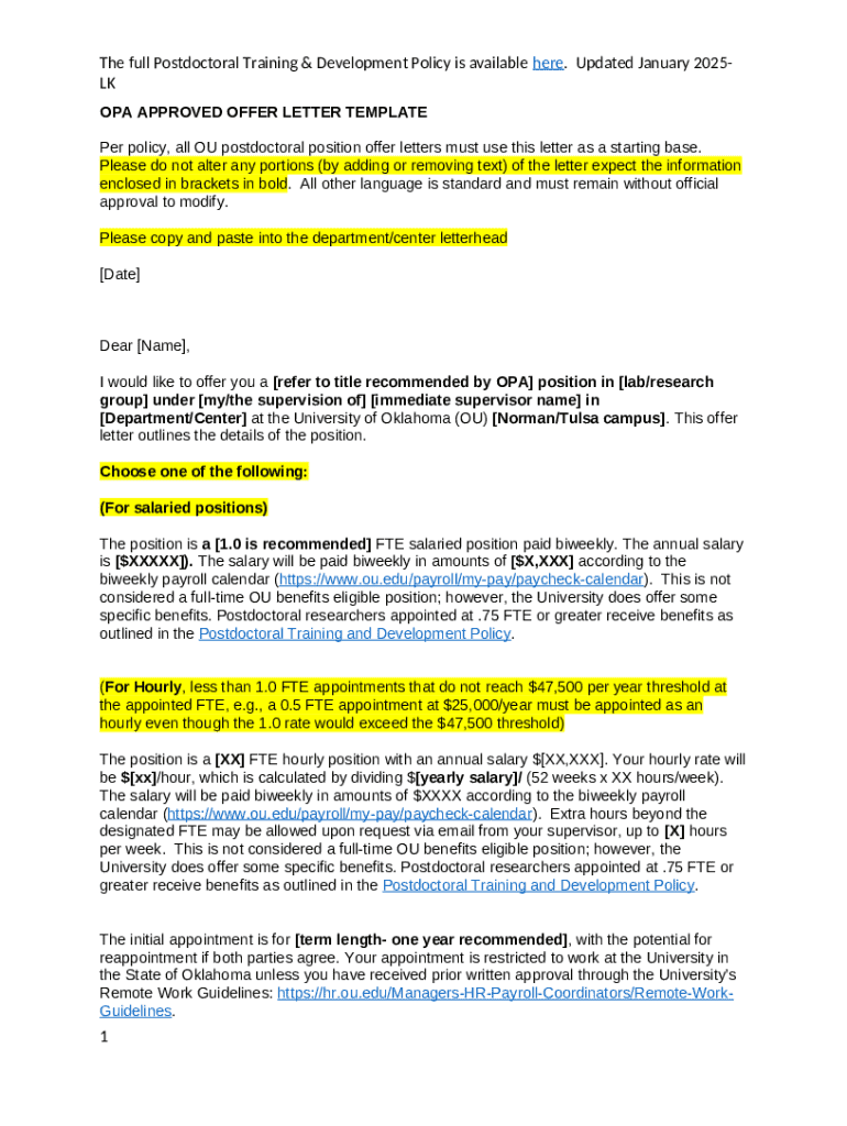 OPA APPROVED OFFER LETTER TEMPLATE Doc Template | pdfFiller