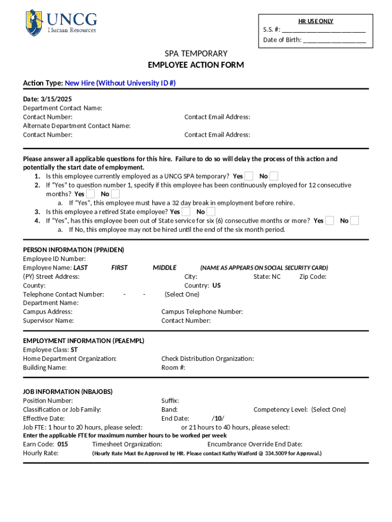 Spa Temporary Employee Action Doc Template | pdfFiller