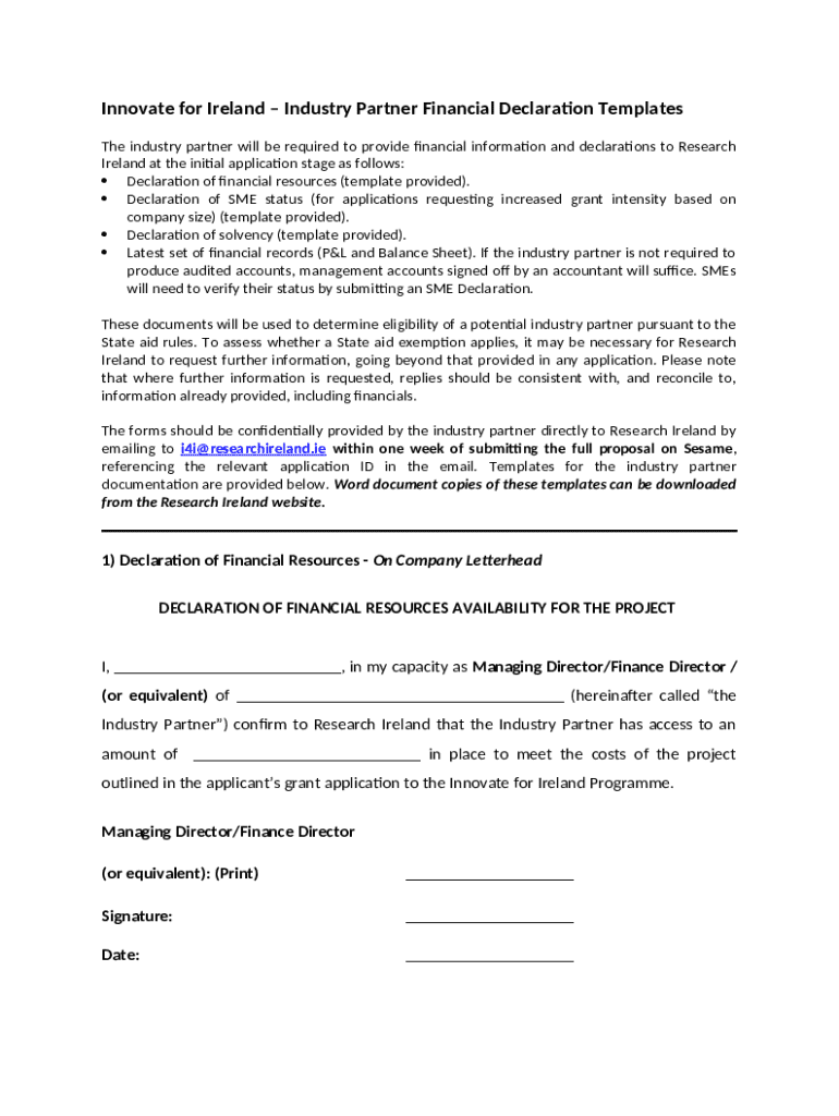 Industry Partner Financial Declaration Templates Doc Template | pdfFiller
