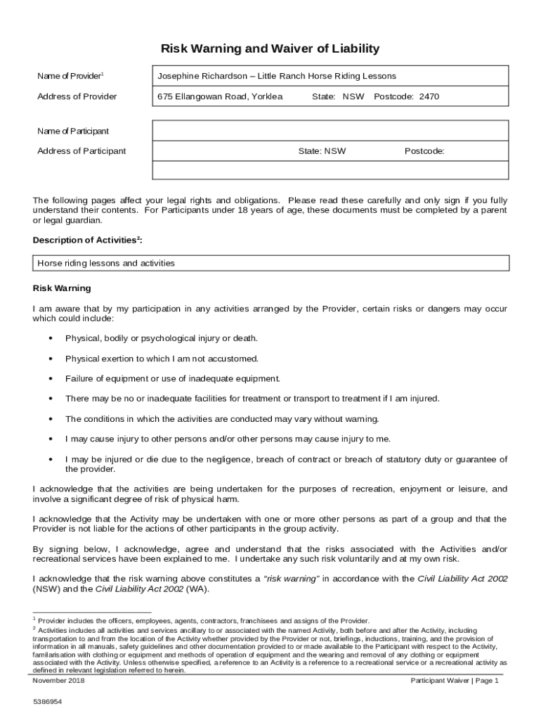 Risk Warning and Waiver of Liability Doc Template | pdfFiller
