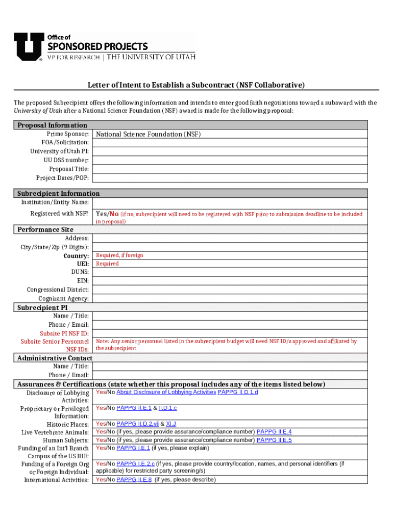 Letter of Intent to Establish a Subcontract (nsf Collaborative) Doc Template | pdfFiller