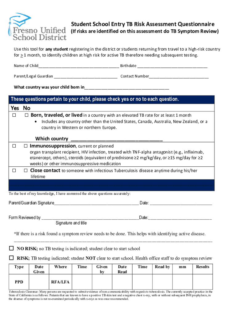 Fillable Online Student School Entry Tb Risk Assessment Fax Email Print ...