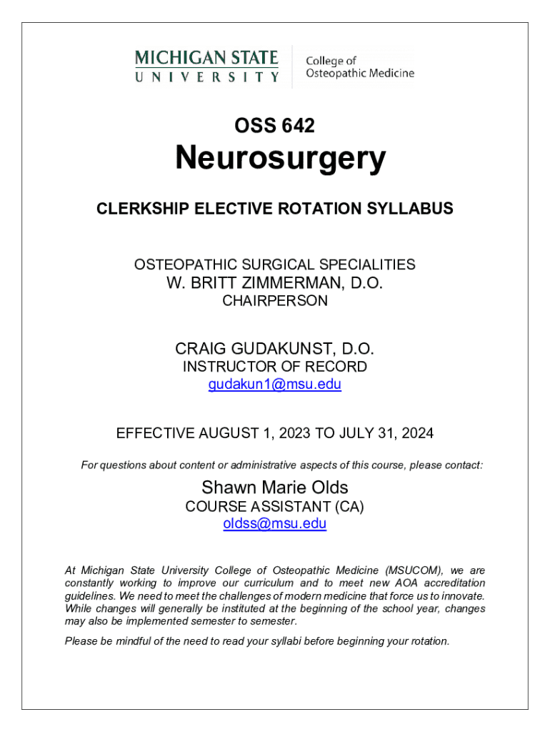 Fillable Online Neurosurgery Clerkship Elective Rotation Syllabus Fax ...