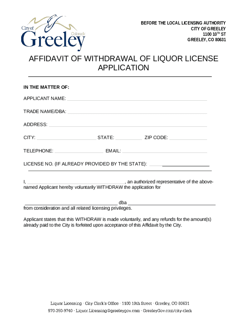 Affidavit of Withdrawal of Liquor License Application Doc Template ...