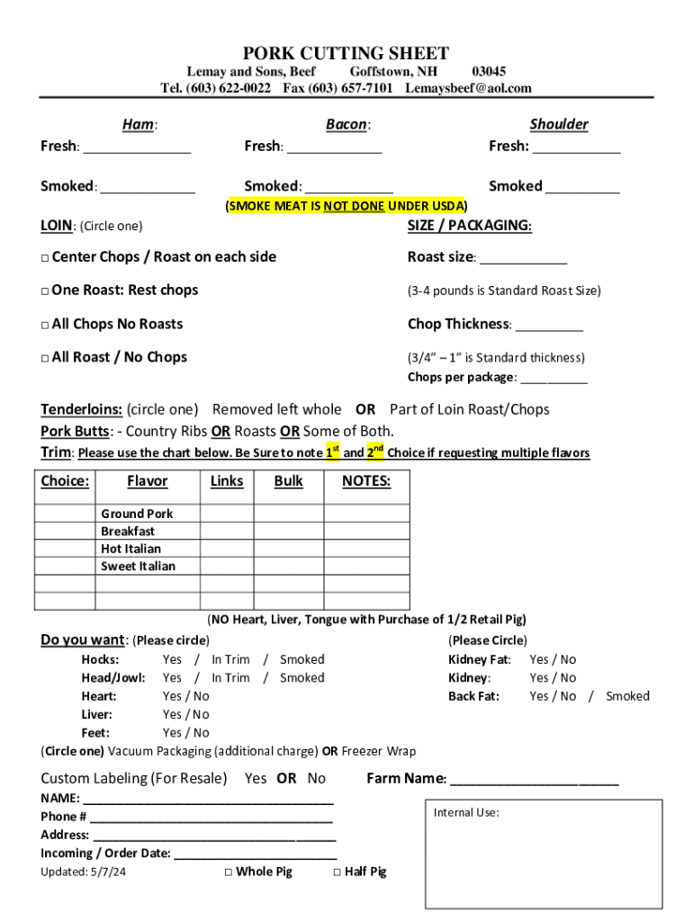 Fillable Online Pork Cutting Sheet Fax Email Print - pdfFiller