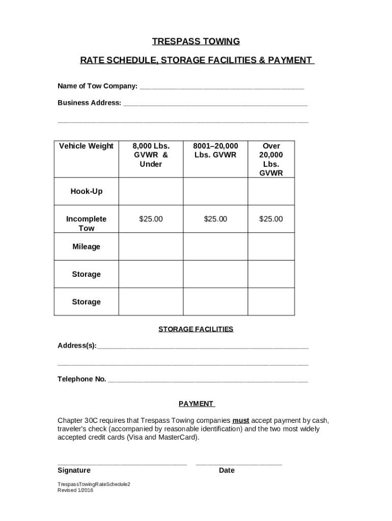 Trespass Towing Rate Schedule Doc Template | pdfFiller