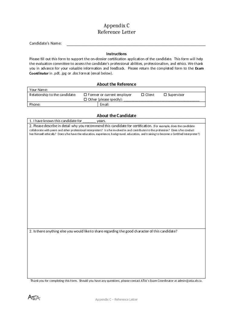 Appendix C Reference Letter Doc Template | pdfFiller