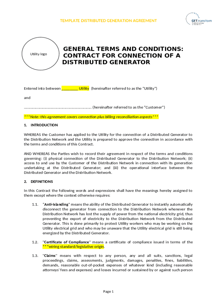 GENERAL TERMS AND CONDITIONS: CONTRACT FOR CONNECTION OF A DISTRIBUTED GENERATOR Doc Template ...
