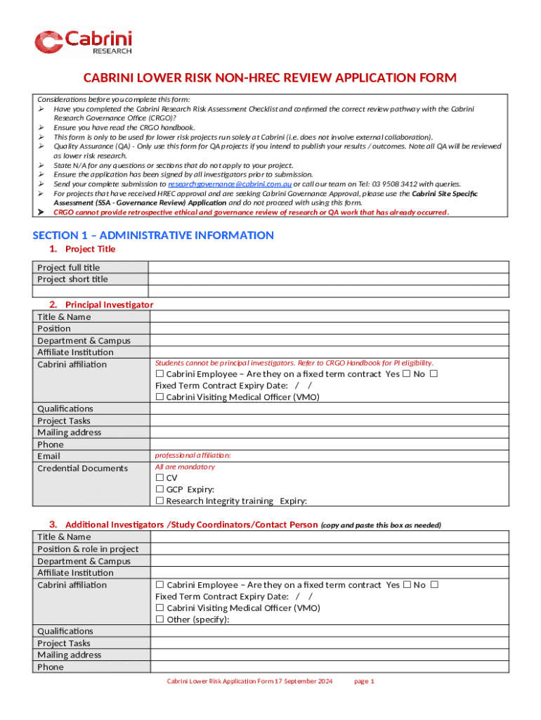 Cabrini Lower Risk Non-hrec Review Application Doc Template | pdfFiller