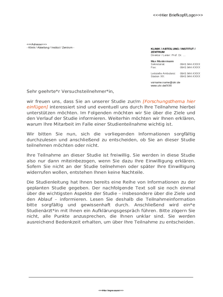Ihre Teilnahme an dieser Studie ist freiwillig Doc Template | pdfFiller