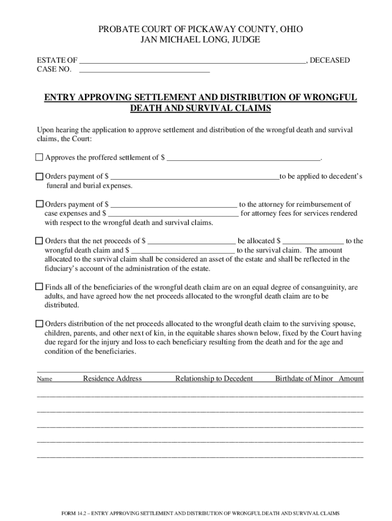 Fillable Online Entry Approving Settlement and Distribution of Wrongful ...