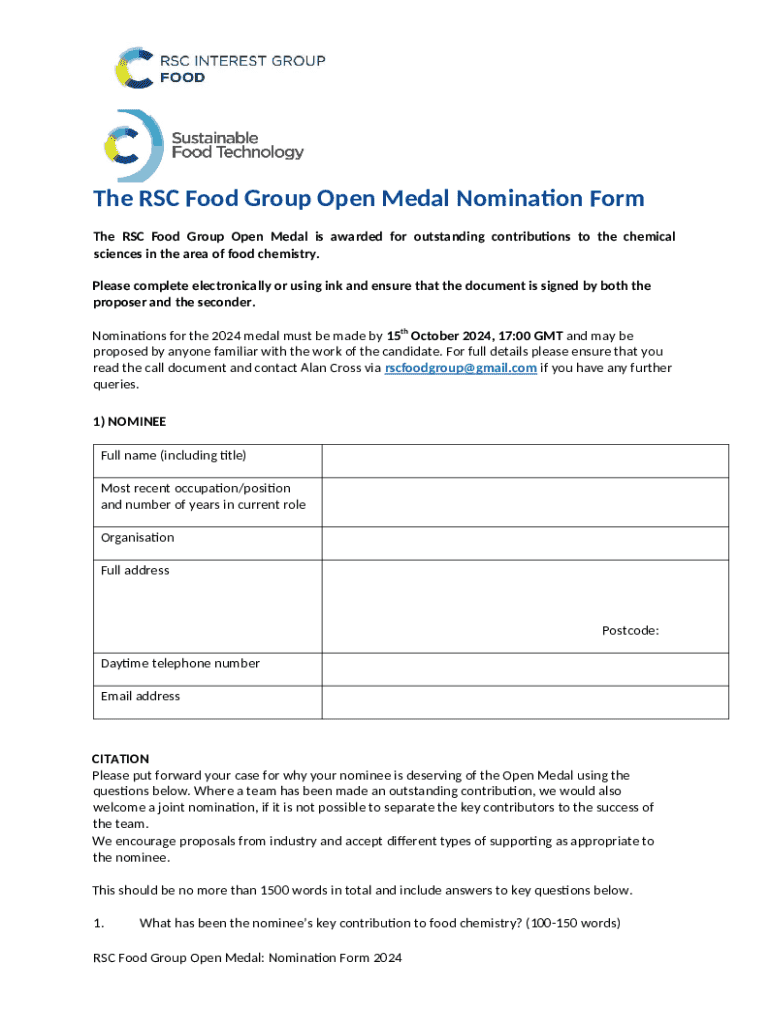 Rsc Food Group Open Medal Nomination Doc Template | pdfFiller