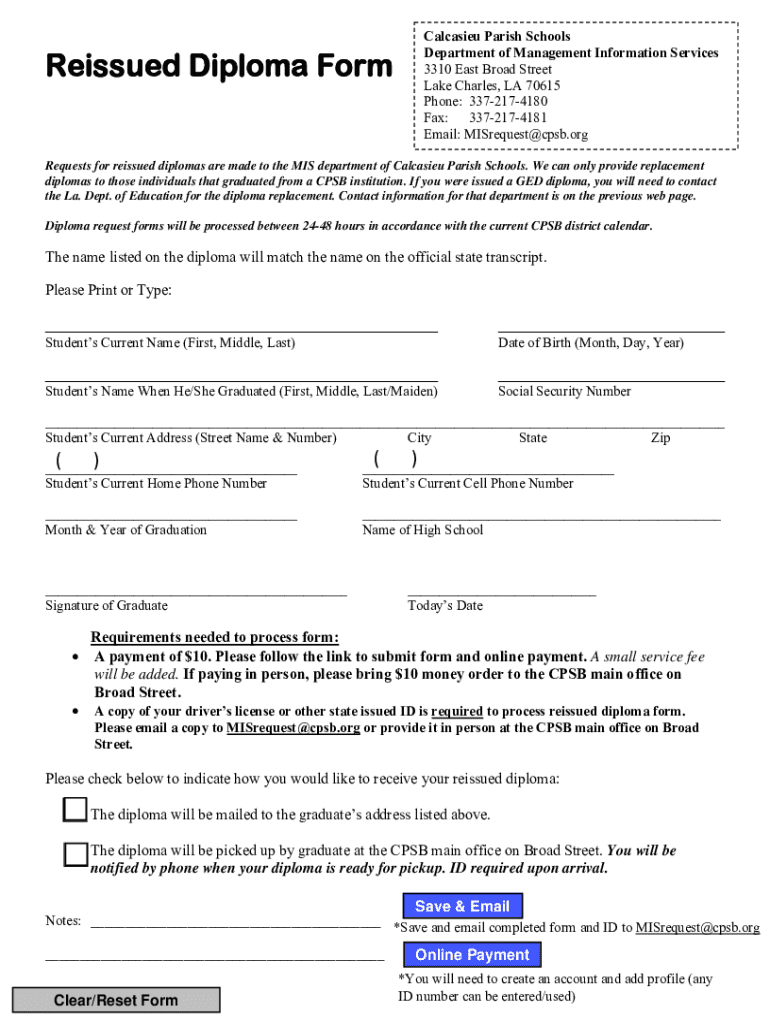 Fillable Online Calcasieu Parish Schools Reissued Diploma Request Fax Email Print - pdfFiller