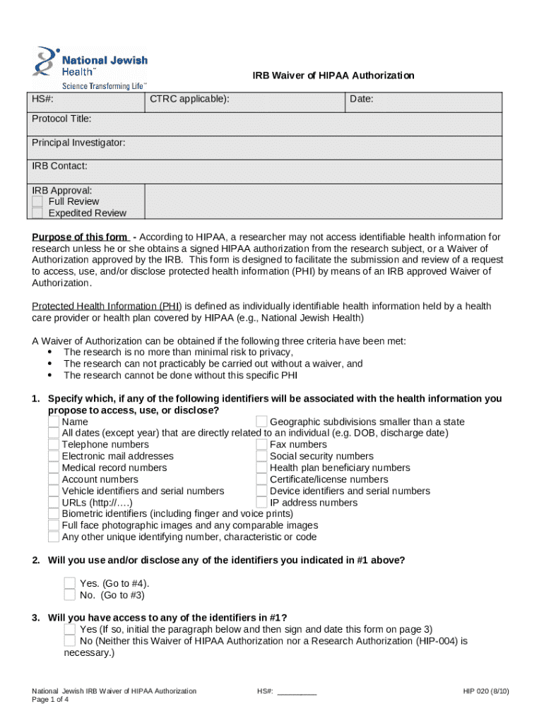 Irb Waiver of Hipaa Authorization Doc Template | pdfFiller