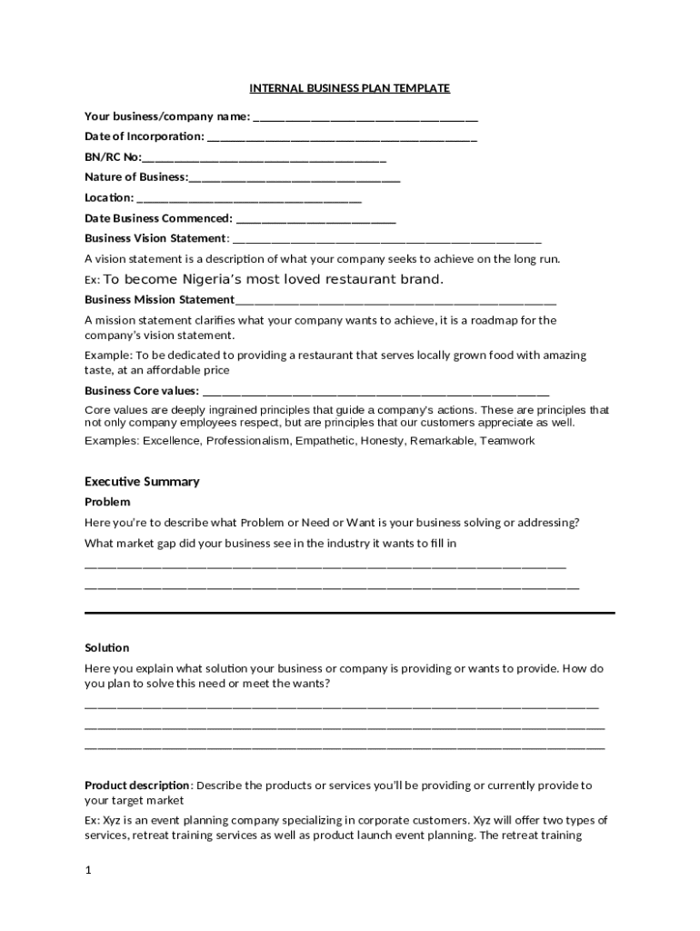 Internal Business Plan Template Doc Template | pdfFiller