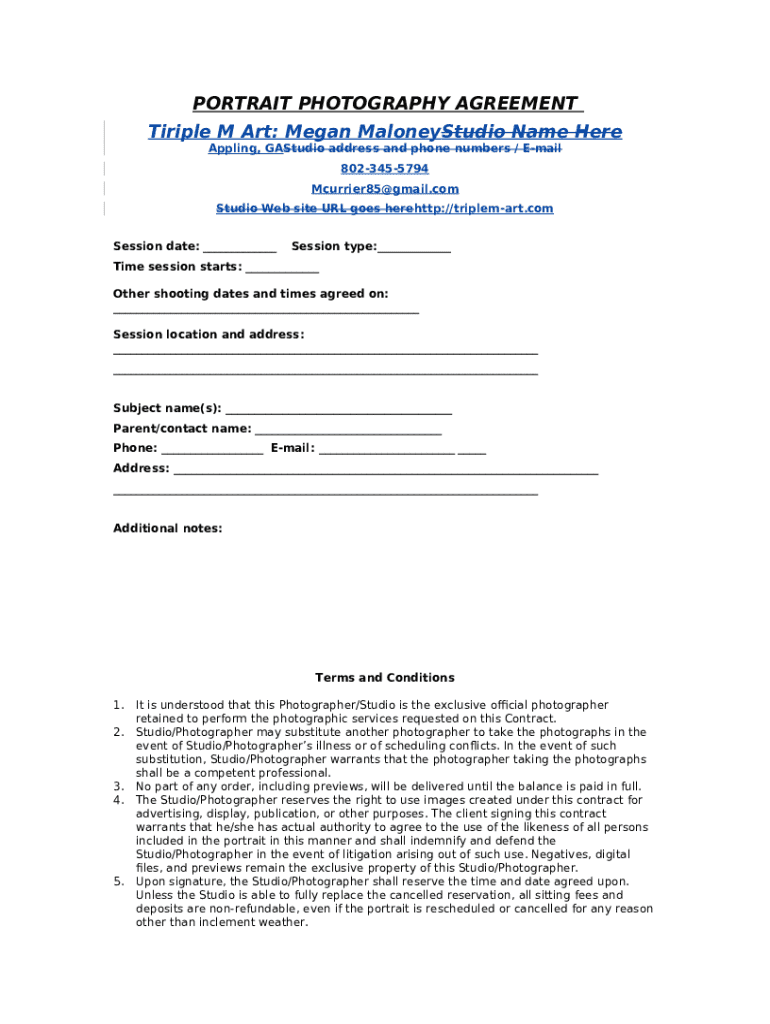 Portrait Photography Agreement Doc Template | pdfFiller
