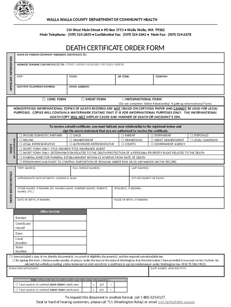 Death Certificate Order Doc Template | pdfFiller