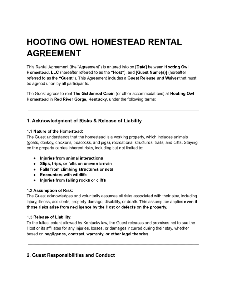 Fillable Online Rental Agreement for Hooting Owl Homestead Fax Email ...