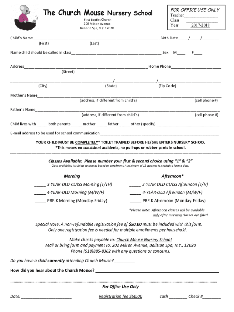 Fillable Online Church Mouse Nursery School Registration Fax Email ...