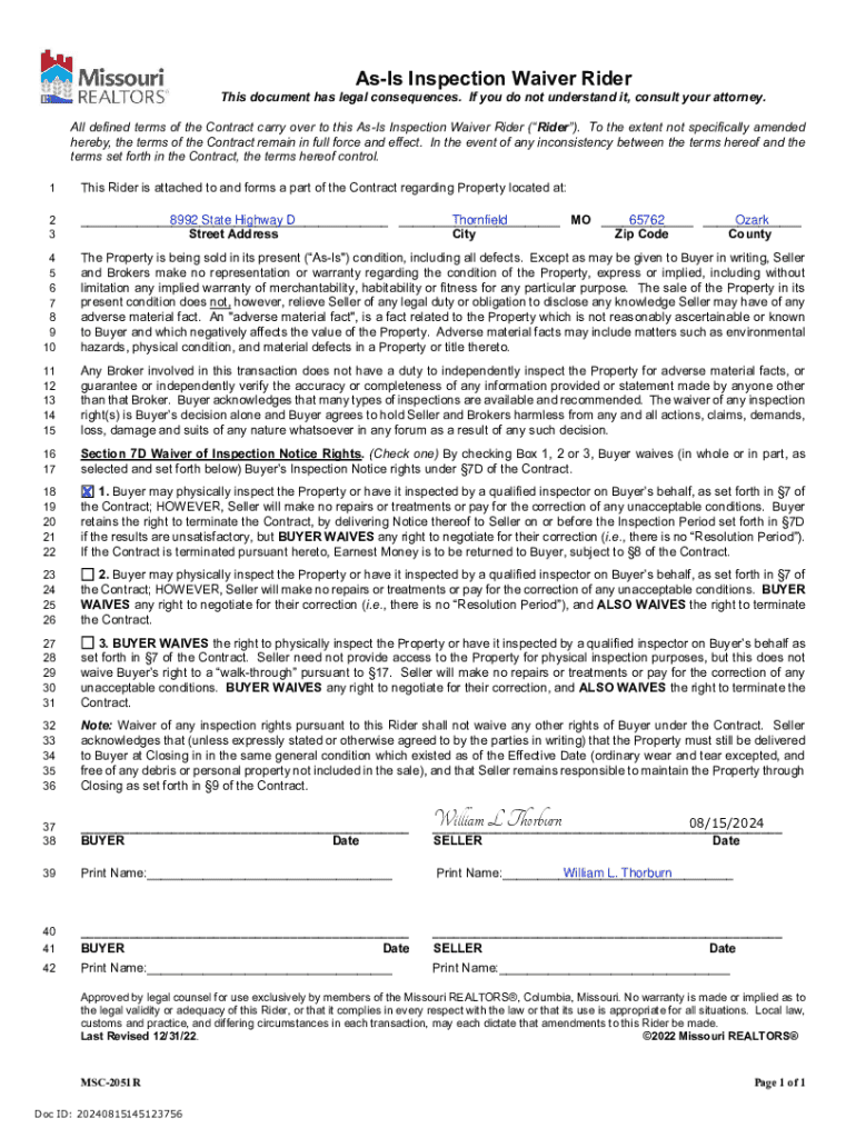 Fillable Online as-is Inspection Waiver Rider Fax Email Print - pdfFiller