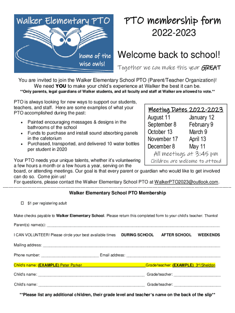 Fillable Online Walker Elementary Pto Membership Form 2022-2023 Fax Email Print - pdfFiller