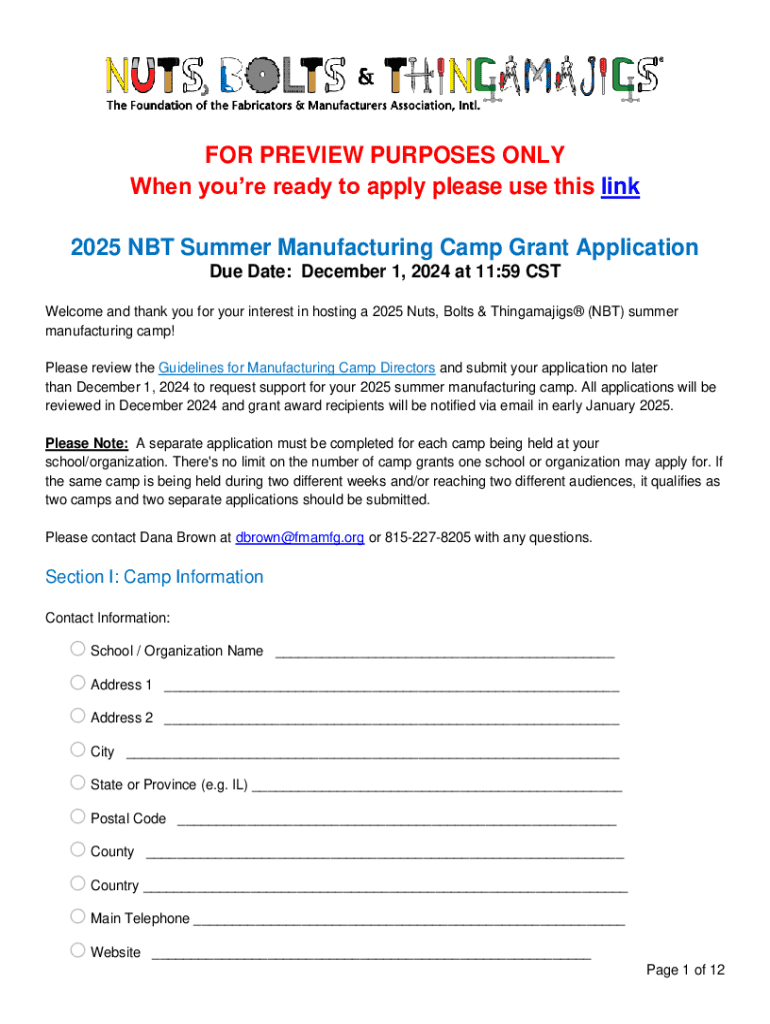 Fillable Online 2025 Nuts, Bolts & Thingamajigs® Summer Manufacturing Camp Grant Application Fax ...