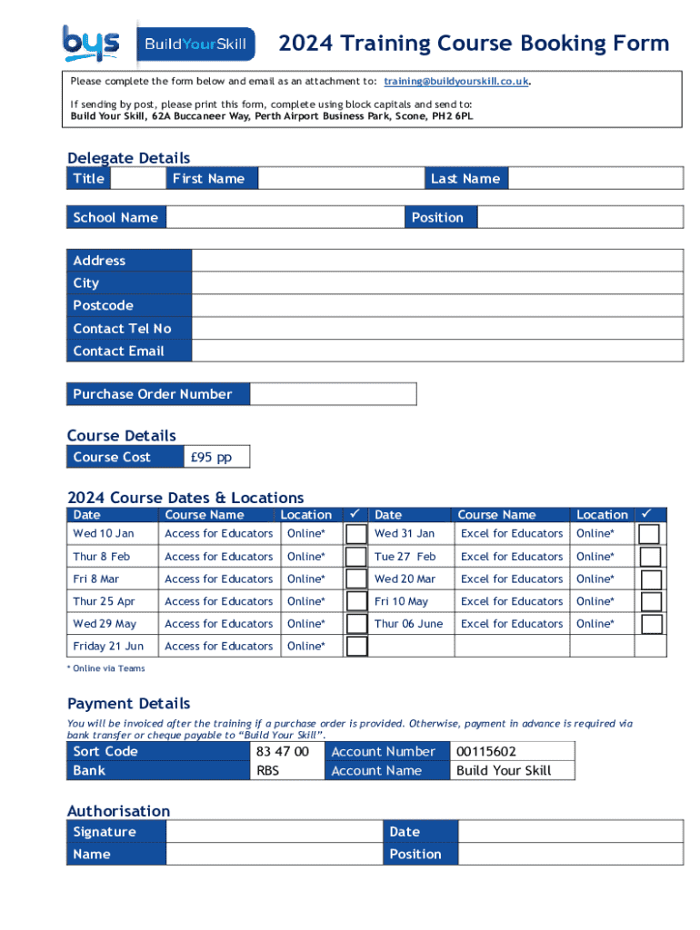 Fillable Online 2024 Training Course Booking Form Fax Email Print ...