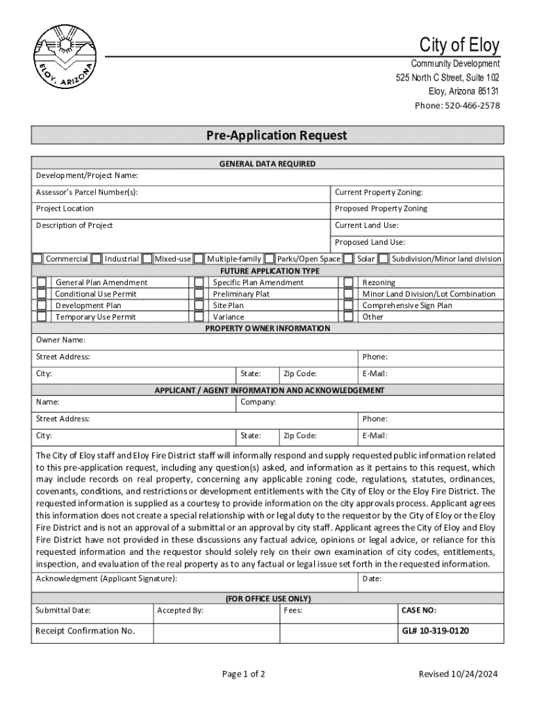 Fillable Online Pre-application Request - City of Eloy Fax Email Print - pdfFiller