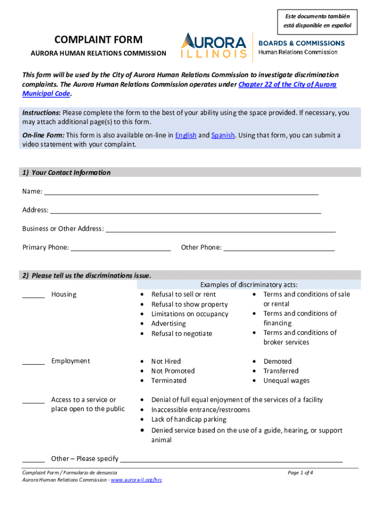 Fillable Online Aurora Human Relations Commission Complaint Form Fax ...