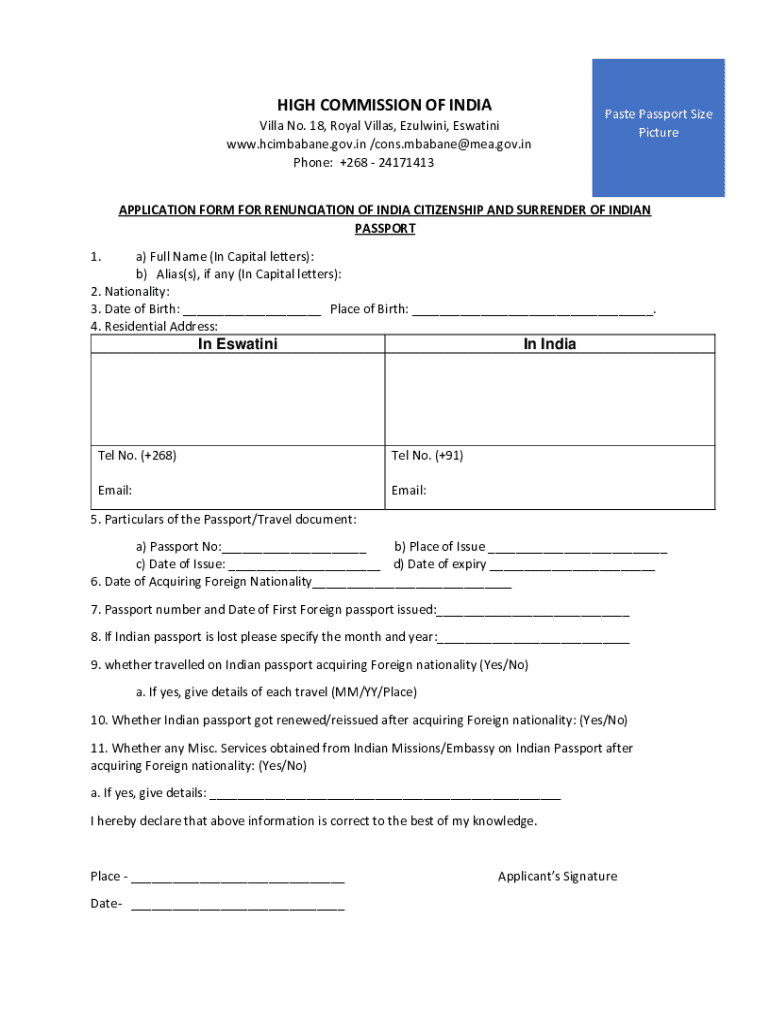 Fillable Online Application Form for Renunciation of India Citizenship Fax Email Print - pdfFiller