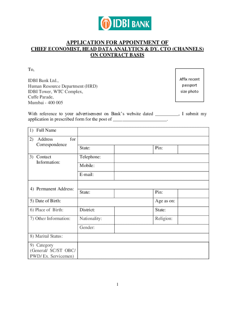 Fillable Online Application for Appointment at Idbi Bank Fax Email ...