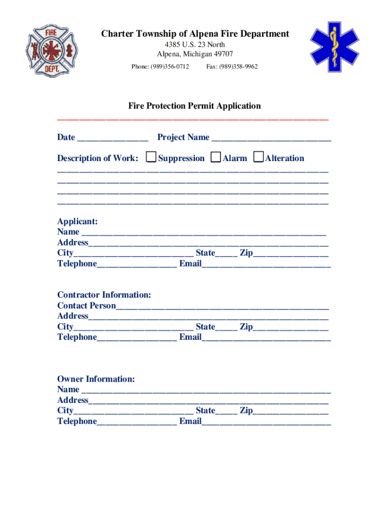 Fillable Online Charter Township of Alpena Fire Department - Fire Protection Permit Application ...