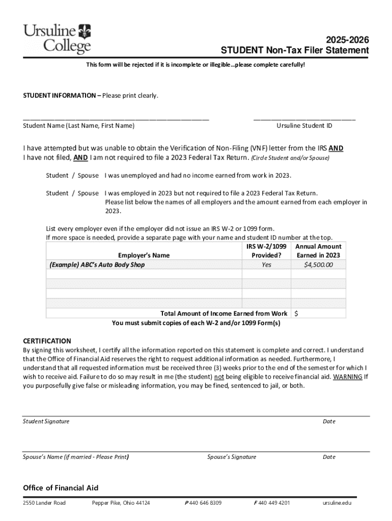 Fillable Online 2025-2026 Student Non-tax Filer Statement Fax Email ...