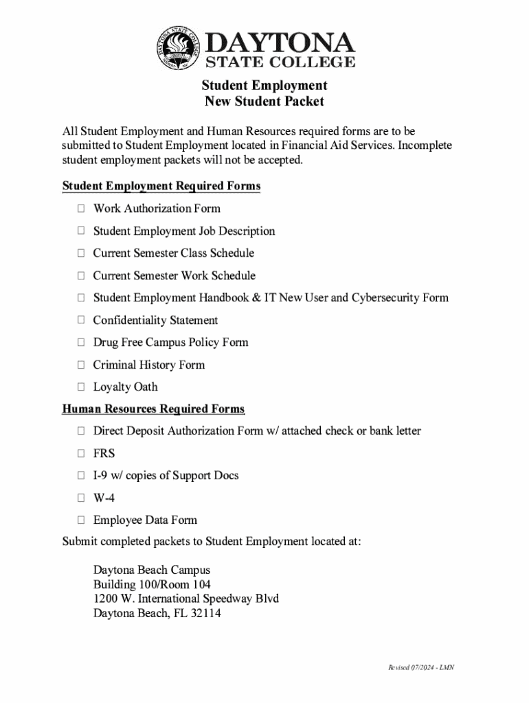 Fillable Online New Student Packet for Student Employment Fax Email ...