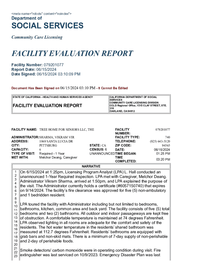 Fillable Online Facility Evaluation Report for Tree Home for Seniors ...