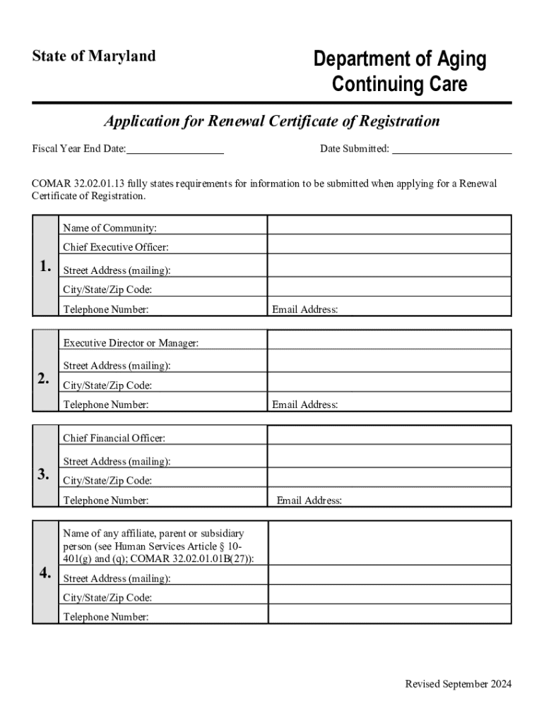 Fillable Online State of Maryland Department of Aging Continuing Care Renewal Application Fax ...