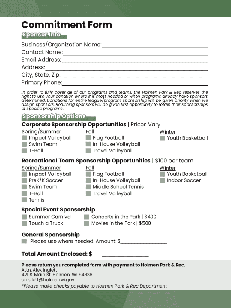 Fillable Online Holmen Park & Rec Sponsorship Commitment Form Fax Email Print - pdfFiller