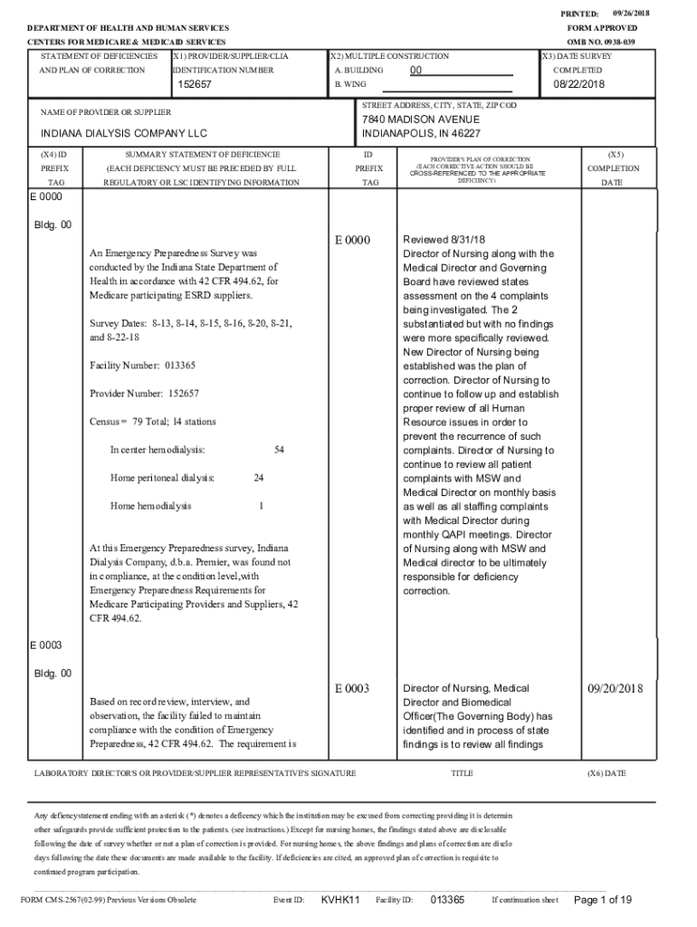 Fillable Online Statement of Deficiencies and Plan of Correction Fax ...