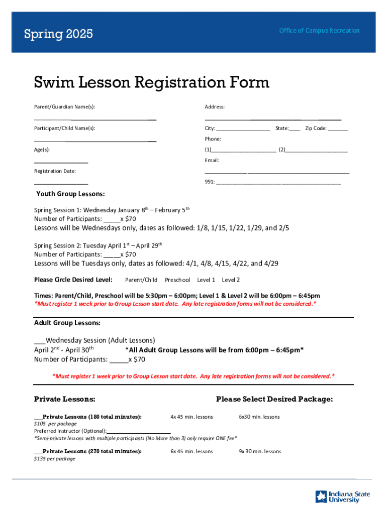 Fillable Online Swim Lesson Registration for Spring 2025 Fax Email ...
