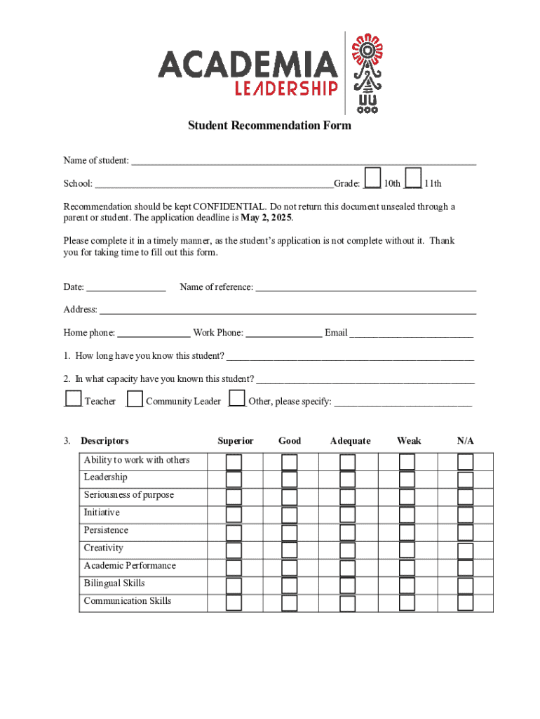 Fillable Online Student Recommendation Form Fax Email Print - pdfFiller