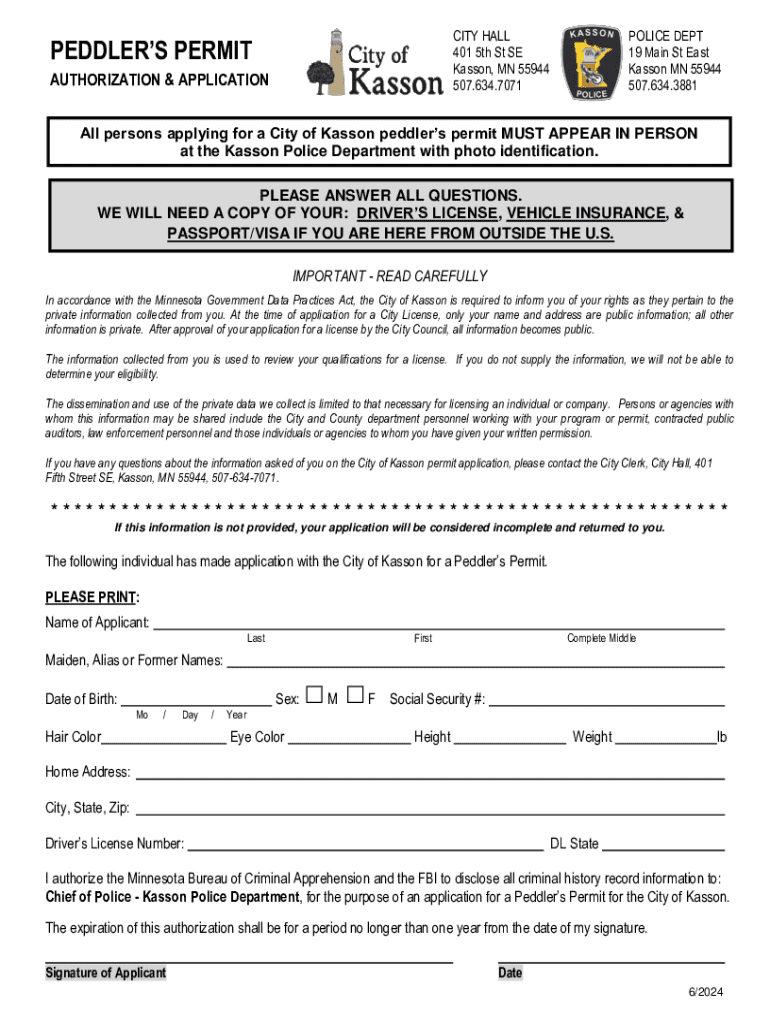 Fillable Online City of Kasson Peddler’s Permit Application Fax Email ...