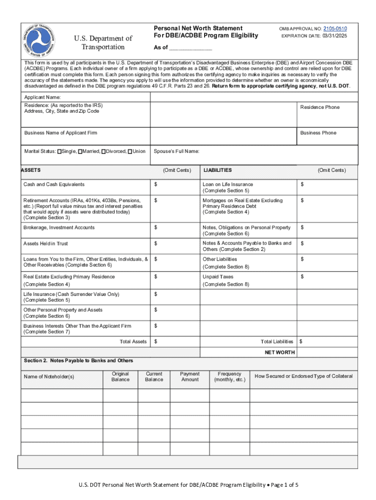 Fillable Online Personal Net Worth Statement for Dbe/acdbe Program ...