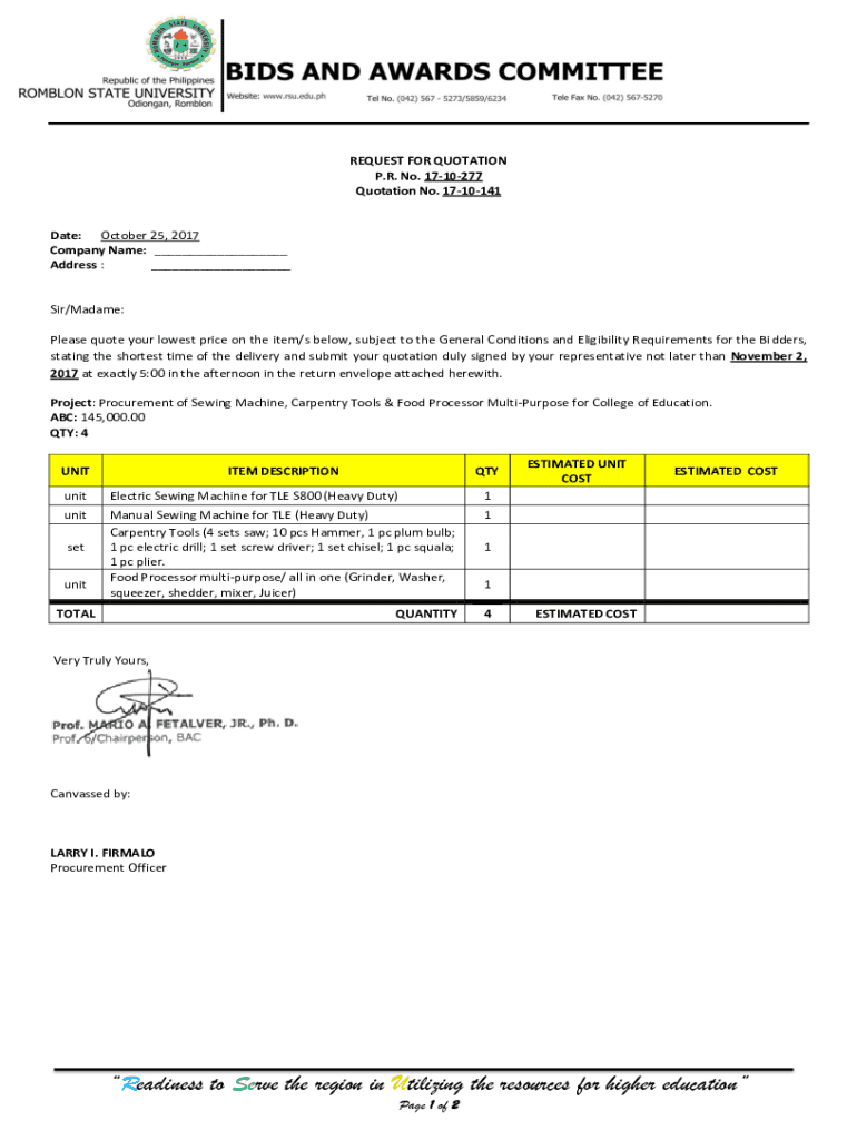 Fillable Online Request for Quotation for Procurement of Items Fax ...