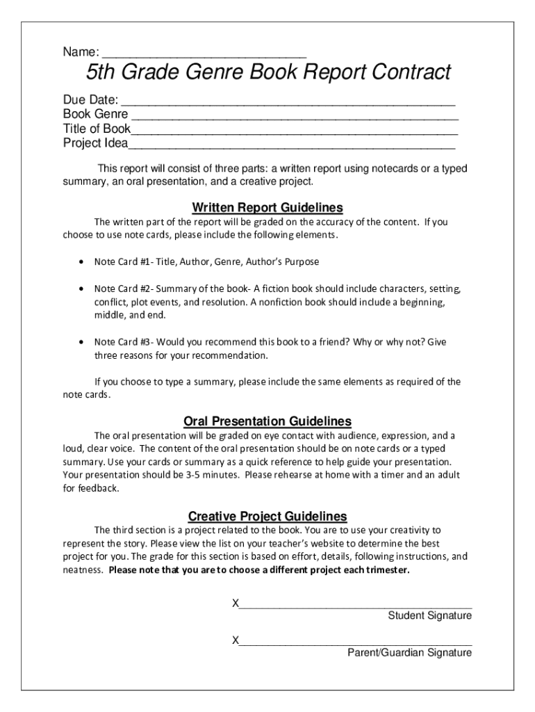 Fillable Online 5th Grade Genre Book Report Contract Fax Email Print ...